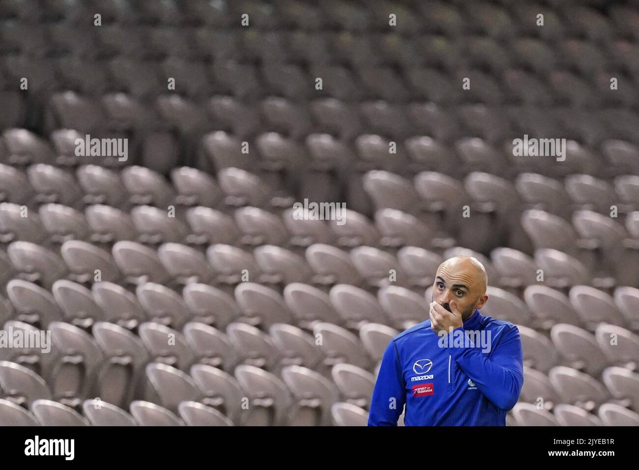 Kangaroos head coach Rhys Shaw is seen during the Round 3 AFL match ...