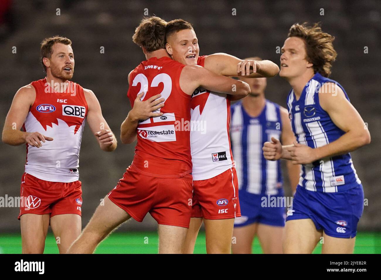 Hayden mcLean of the Swans celebrates a goal during the Round 3 AFL ...