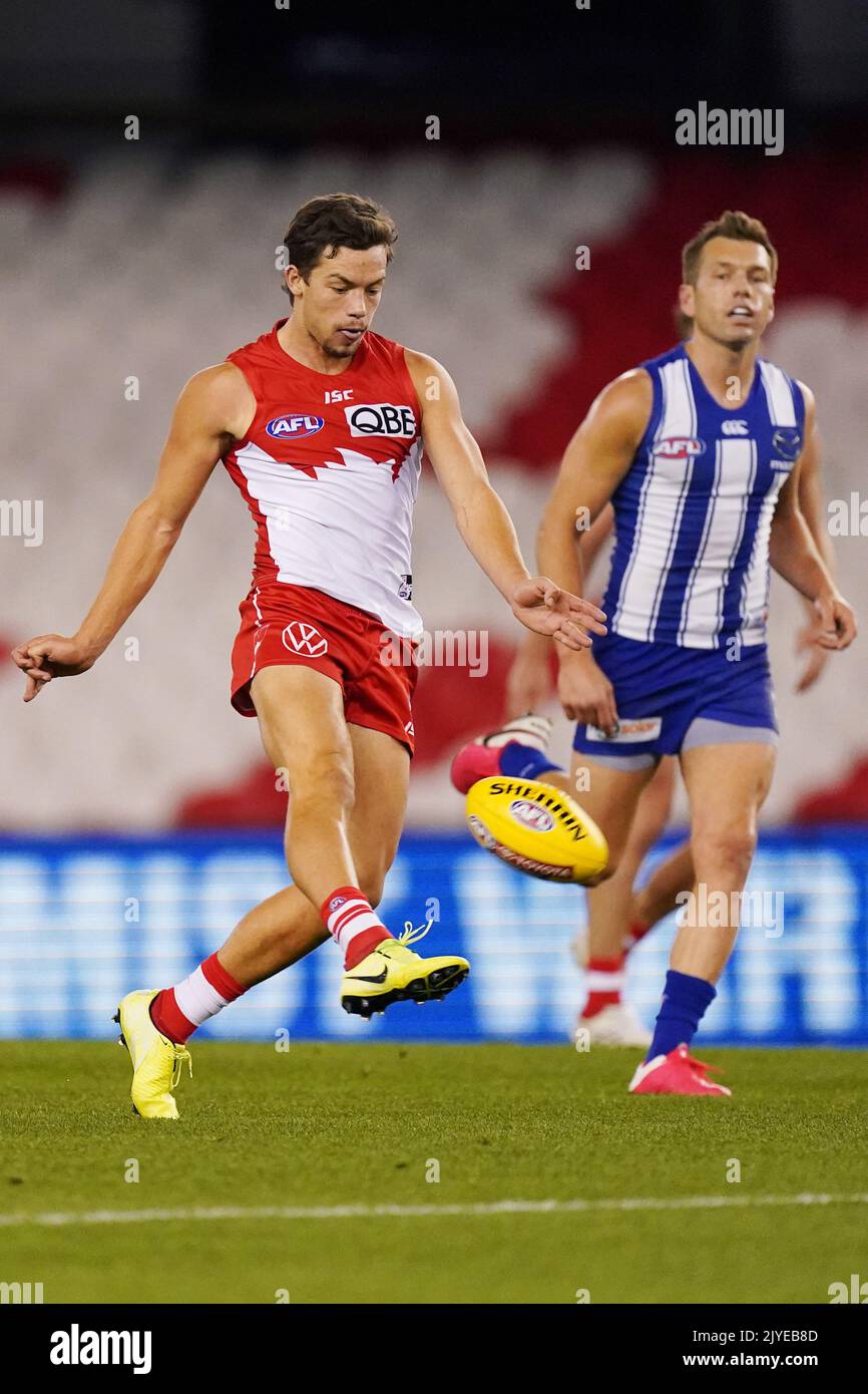 Oliver Florent of the Swans kicks the ball during the Round 3 AFL match ...