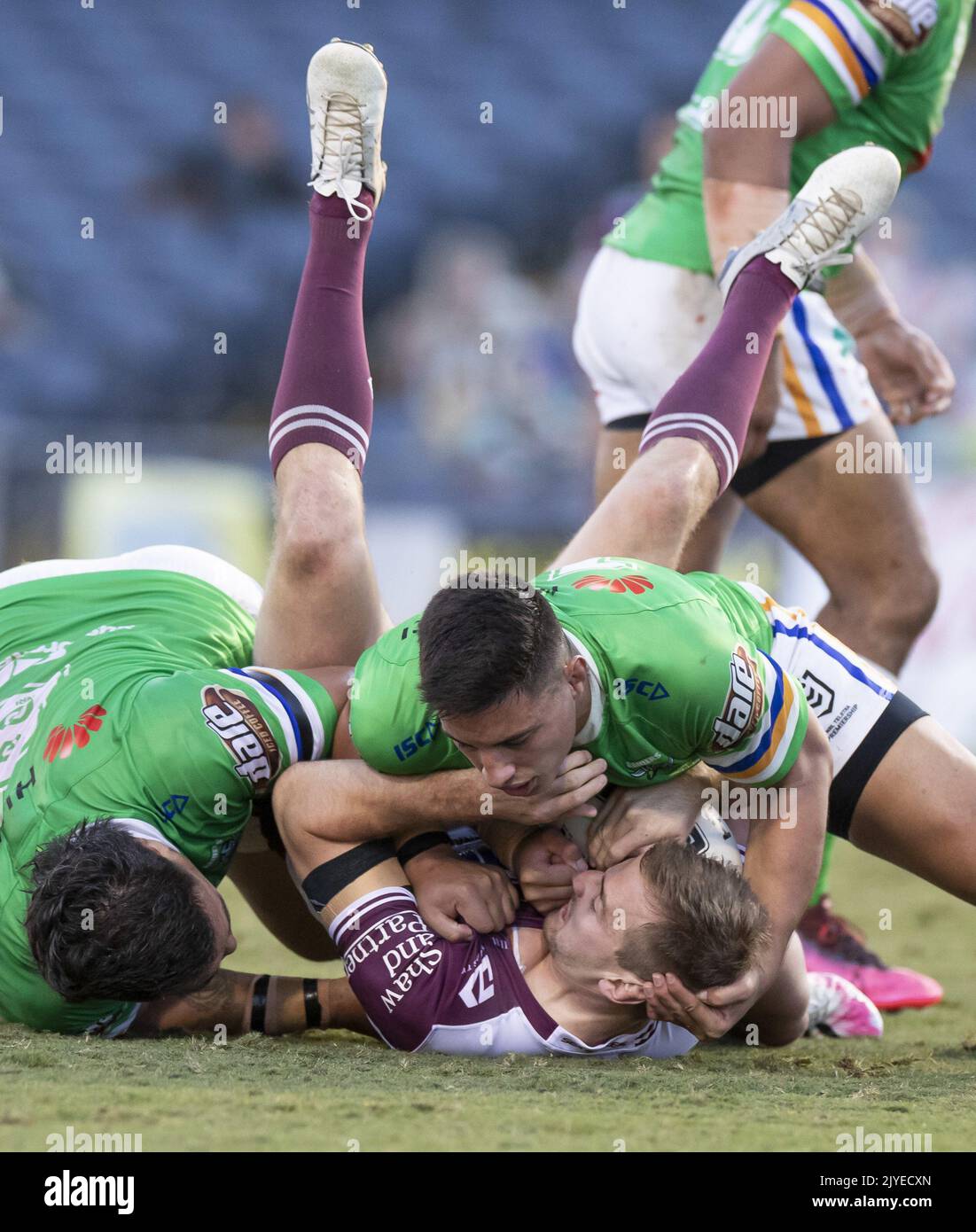 Lachlan Croker of the Sea Eagles is tackled during the Round 6 NRL ...