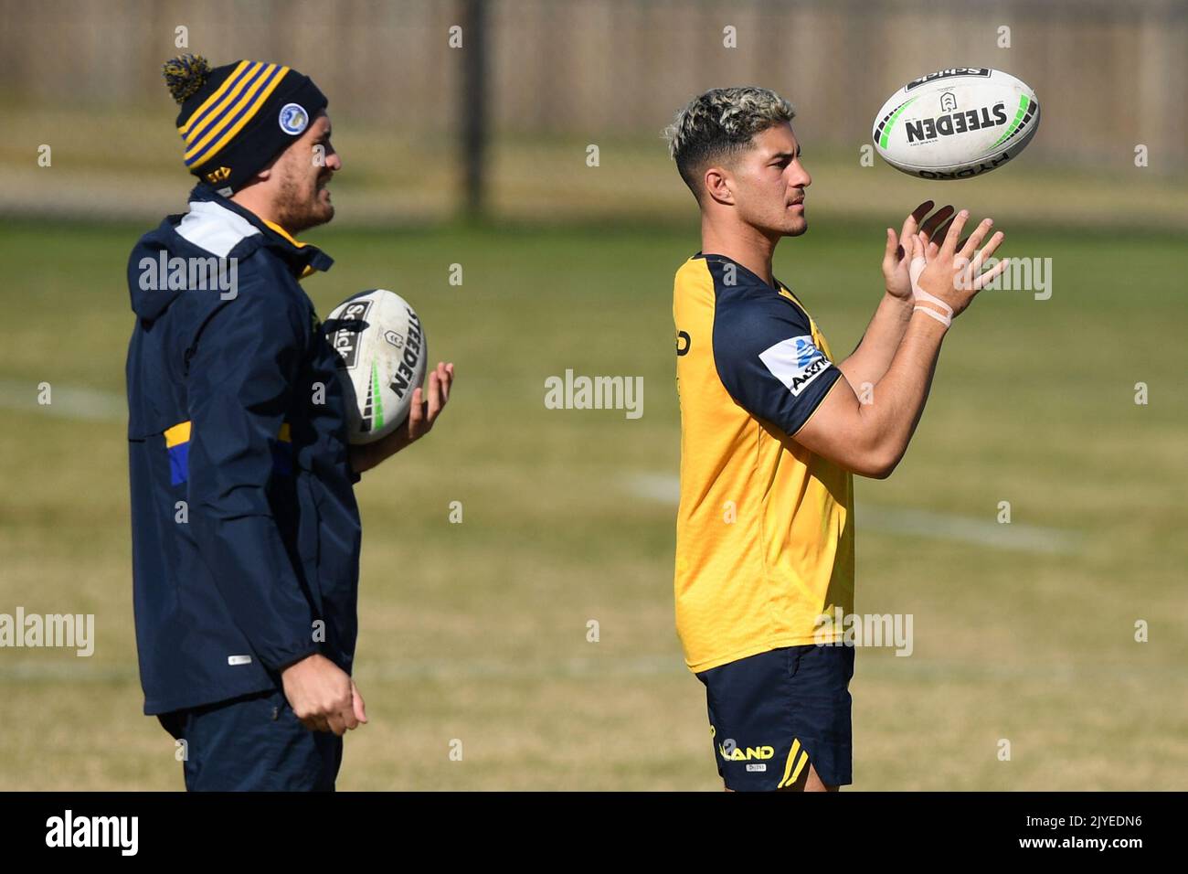 Dylan Brown (right) during a Parramatta Eels NRL training session at ...