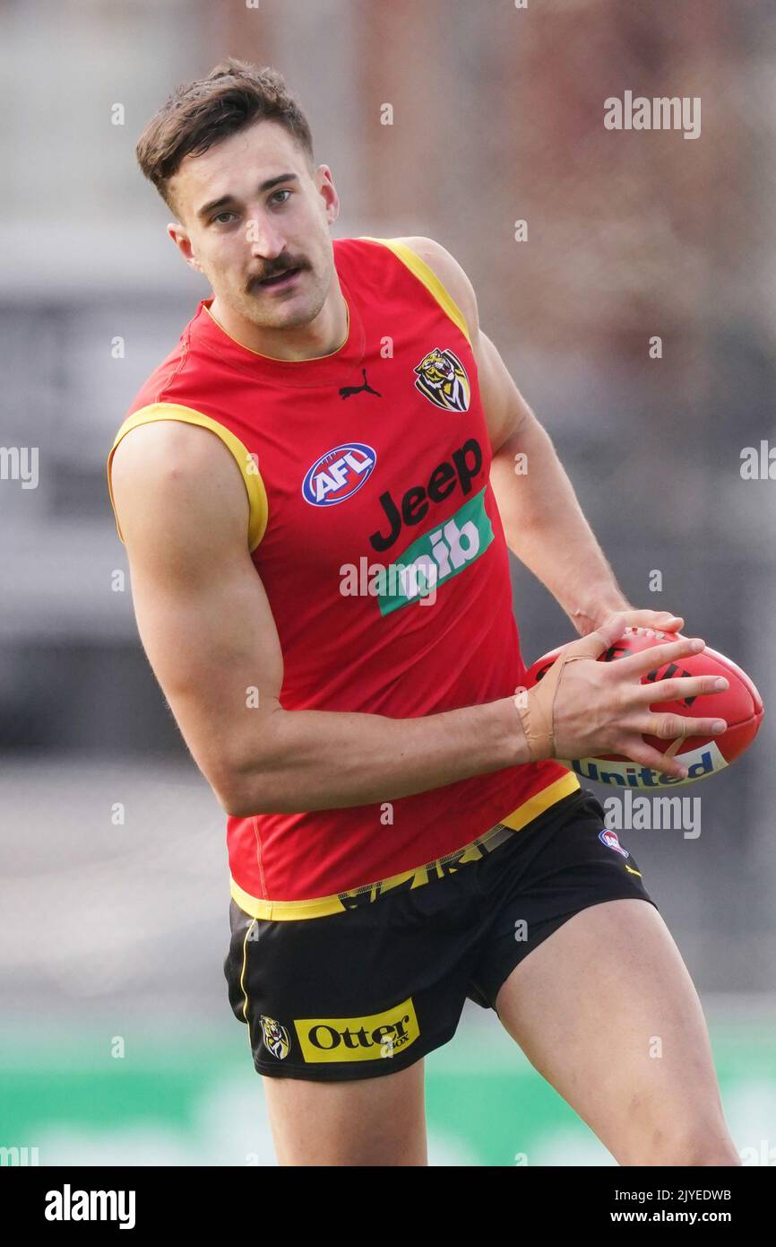 Ivan Soldo of the Tigers runs with the ball during an AFL Richmond ...