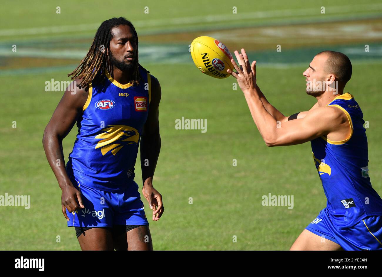 Nic Naitanui (left) in action during an AFL West Coast Eagles training ...