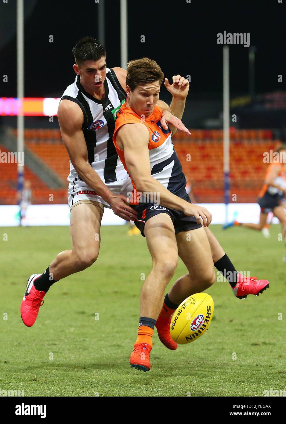 Toby Greene of the Giants contests posession during the Round 4 AFL ...