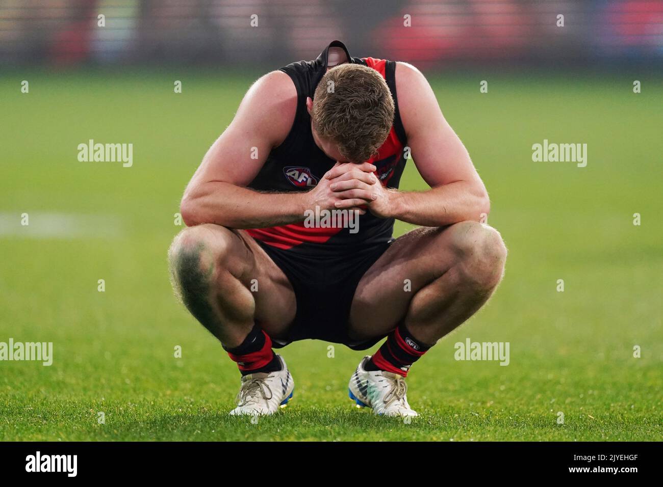 Jacob Townsend of Essendon looks dejected after defeat during the Round ...