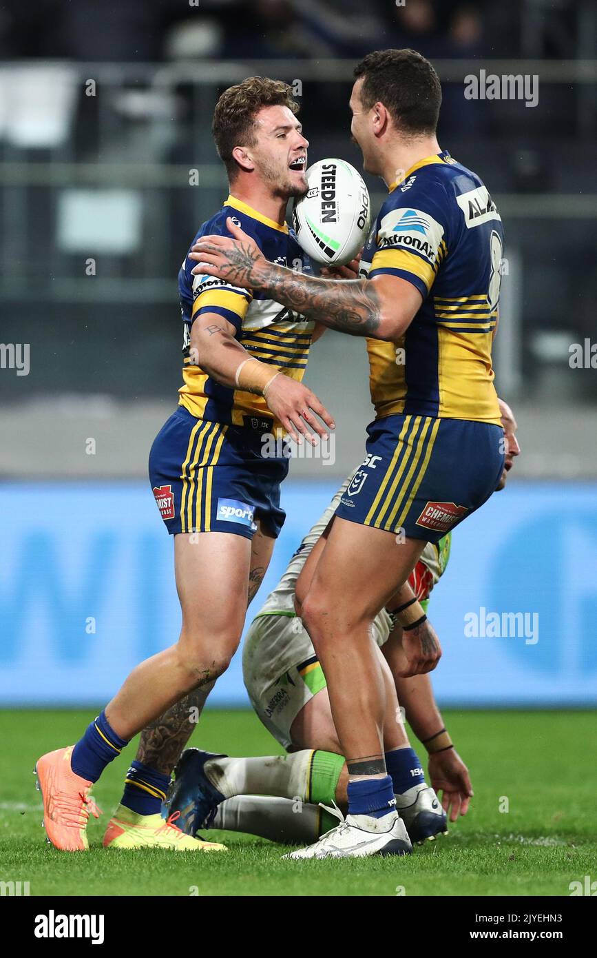 Ray Stone of the Eels celebrates after scoring a try during the Round 7 ...