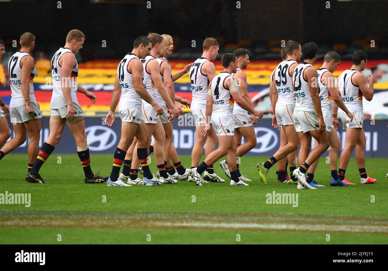 Crows players are seen at half time during the Round 4 AFL match ...