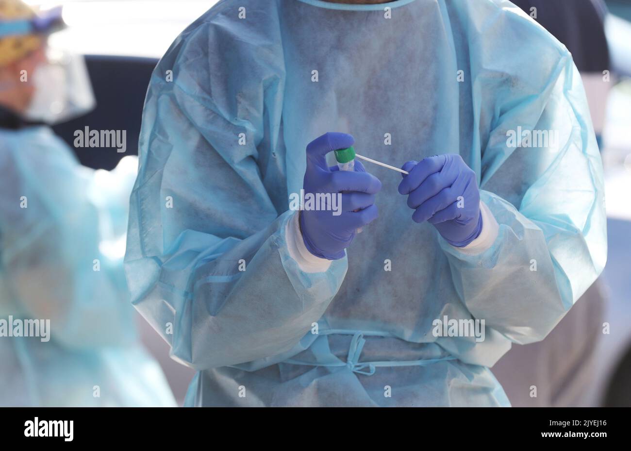 A testing swab is seen during community Covid-19 testing in ...