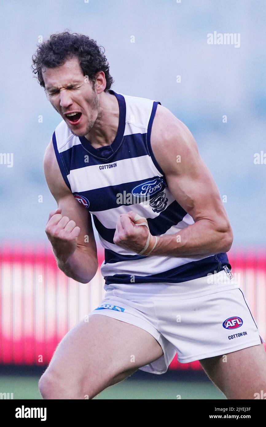 Darcy Fort of the Cats celebrates a goal during the Round 4 AFL match ...