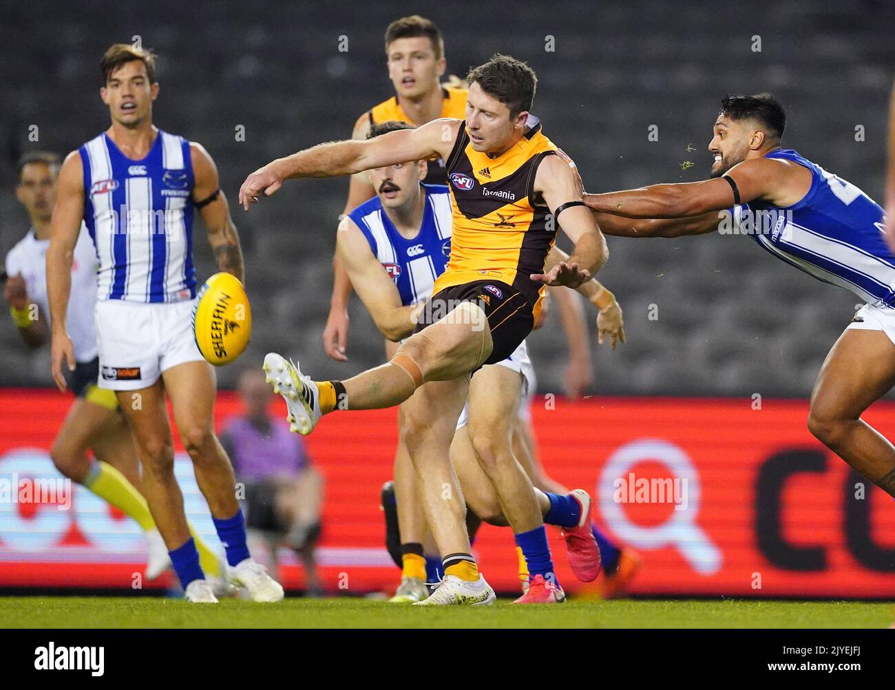 Liam Shiels of the Hawks kicks a goal during the Round 4 AFL match ...