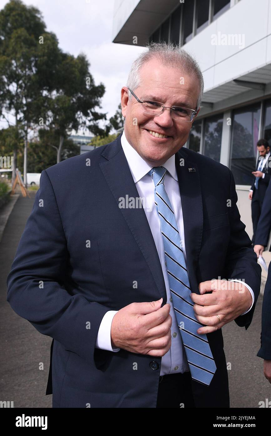 Prime Minister Scott Morrison shows off a Cronulla Sharks NRL tie ...