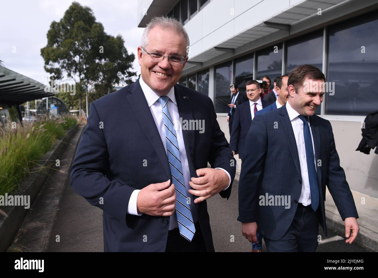 Prime Minister Scott Morrison shows off a Cronulla Sharks NRL tie ...