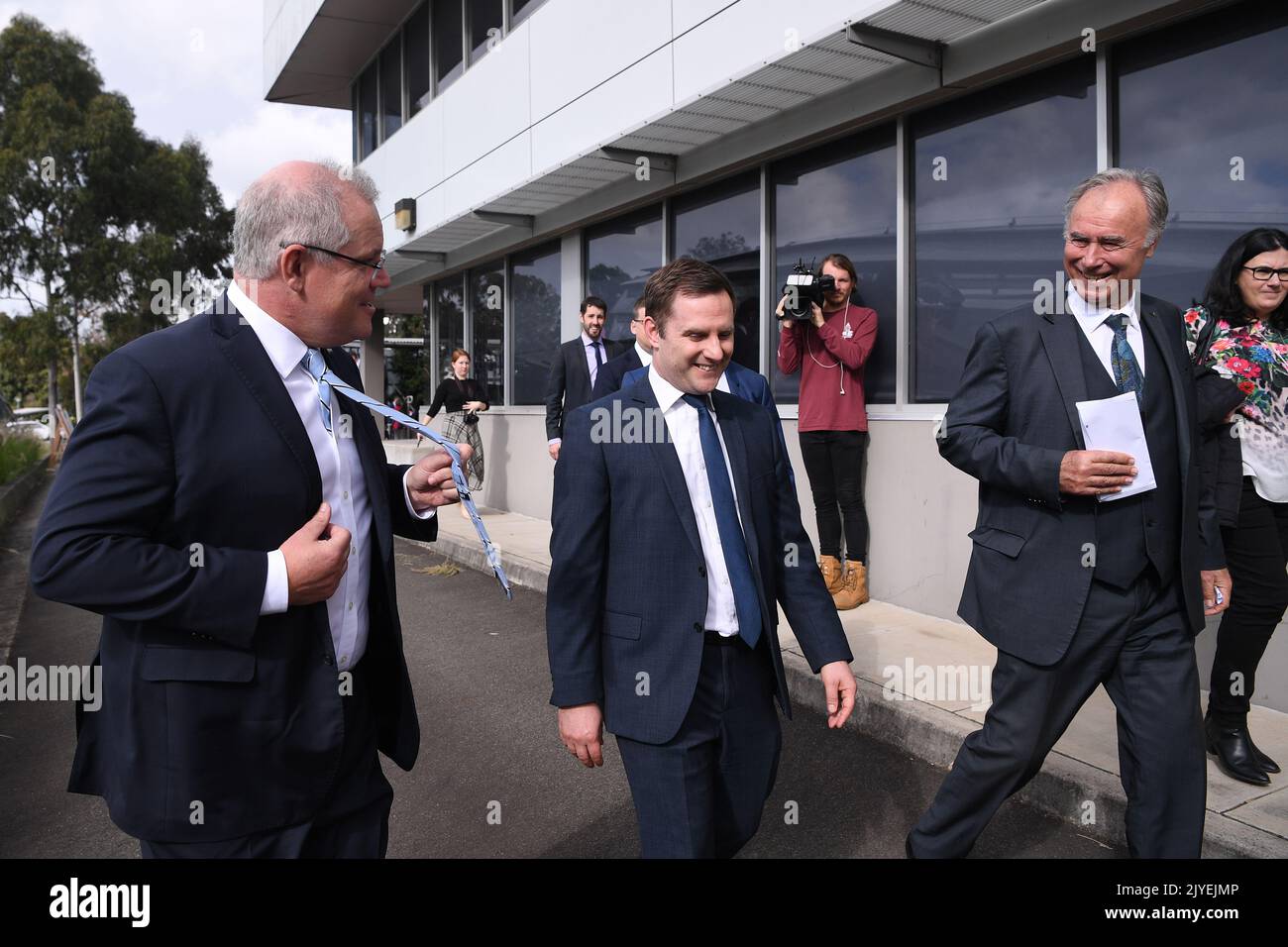 Prime Minister Scott Morrison shows off a Cronulla Sharks NRL tie ...
