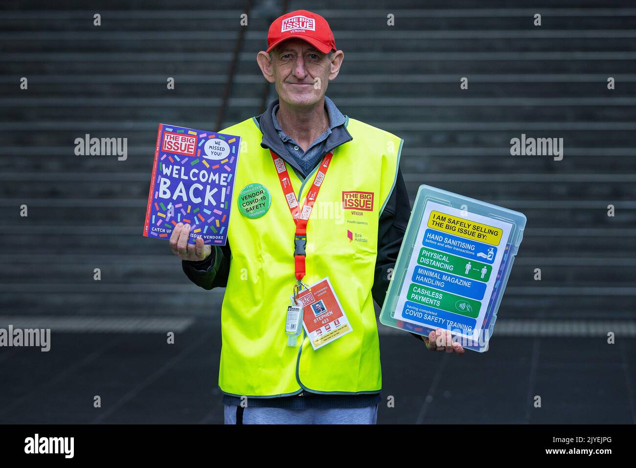Stephen, a vendor of The Big Issue displays a special ‘Welcome Back ...