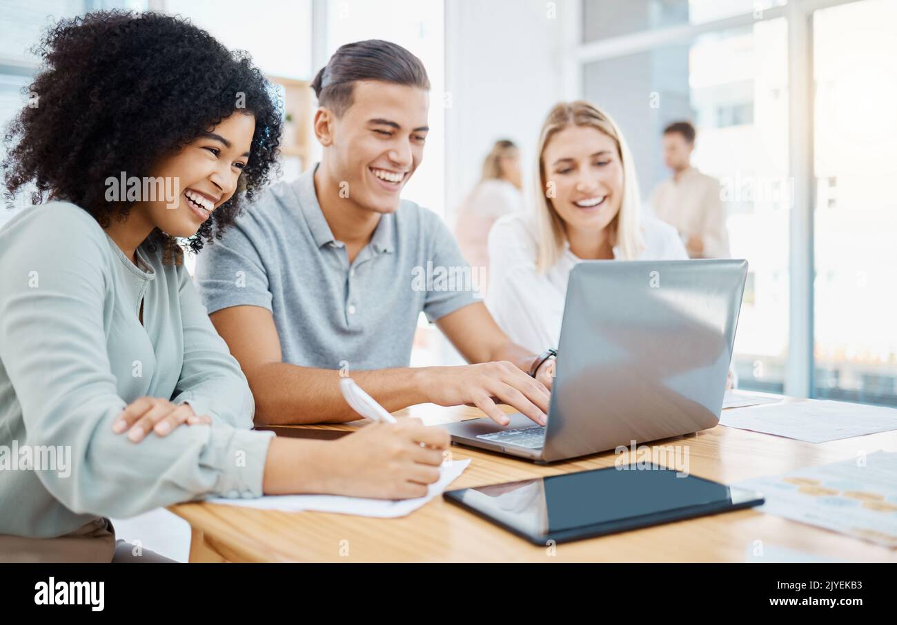 Teamwork, collaboration and laptop with business people working as team ...