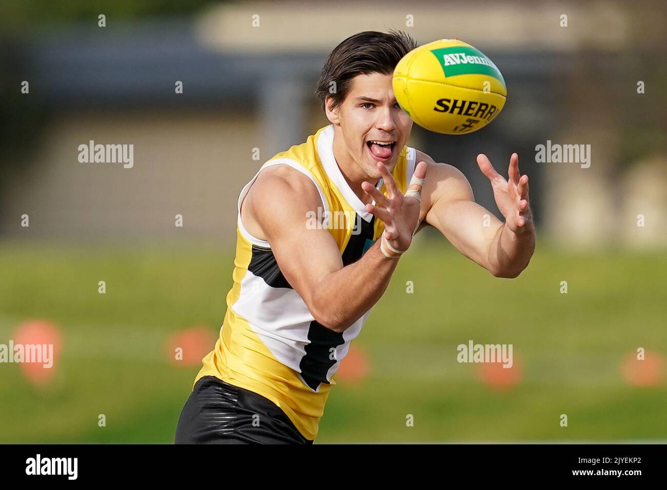 Jack Mayo marks the ball during an AFL St Kilda Saints training session at RSEA Park in ...