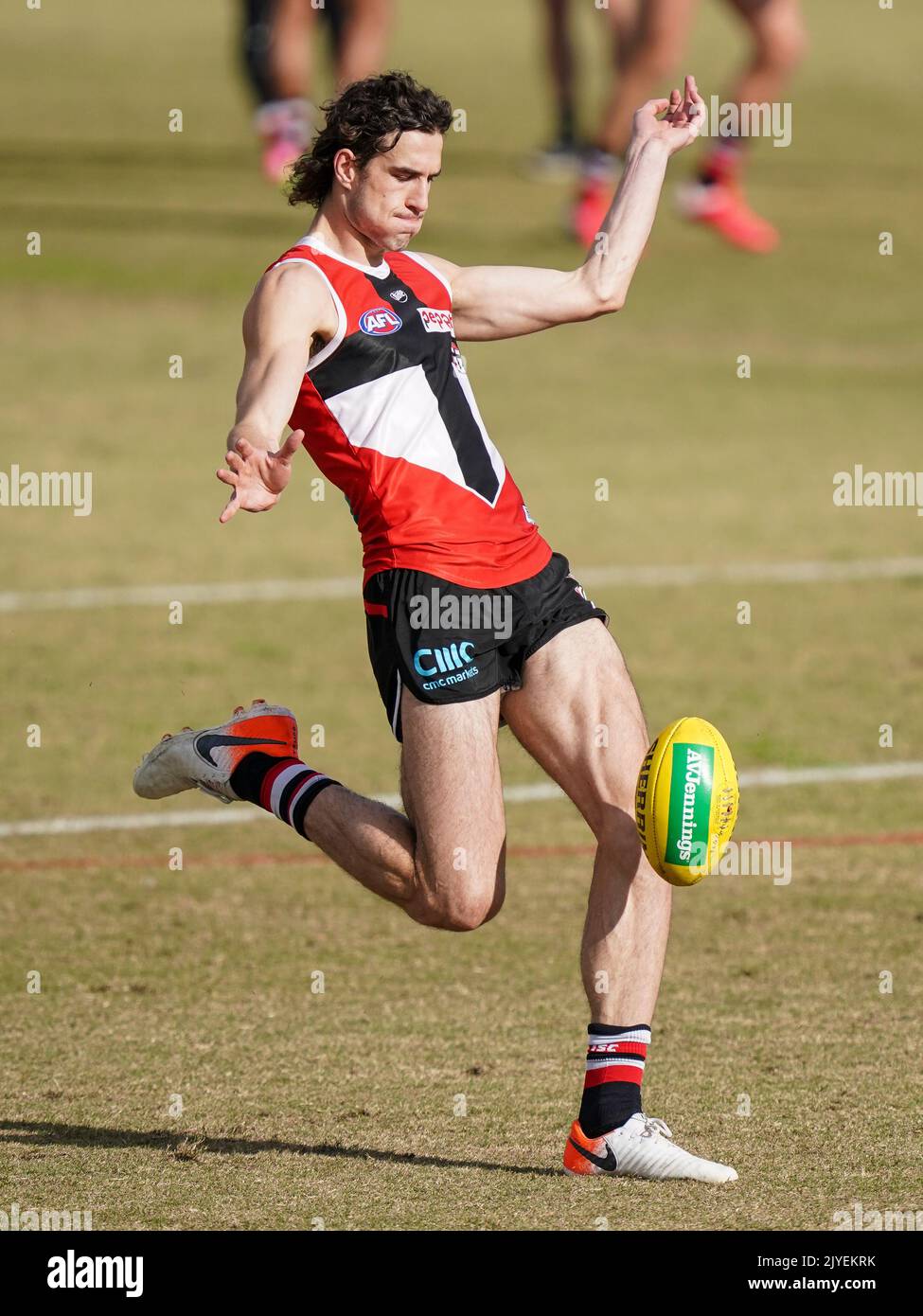 Max King kicks the ball during an AFL St Kilda Saints training session ...