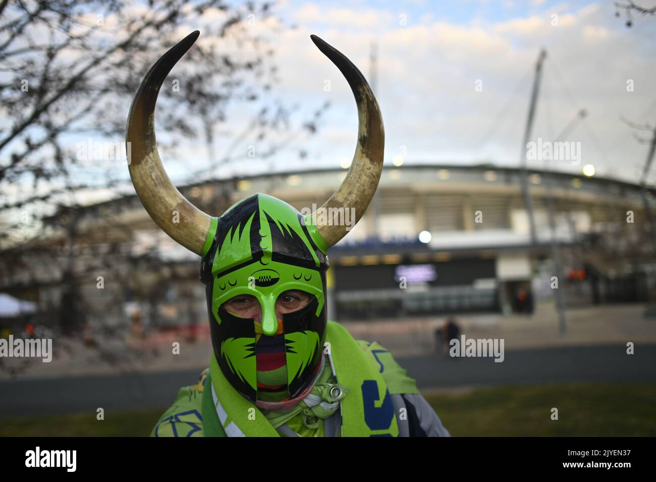 A Canberra Raiders fan poses for photographs ahead of the Round 8 NRL ...