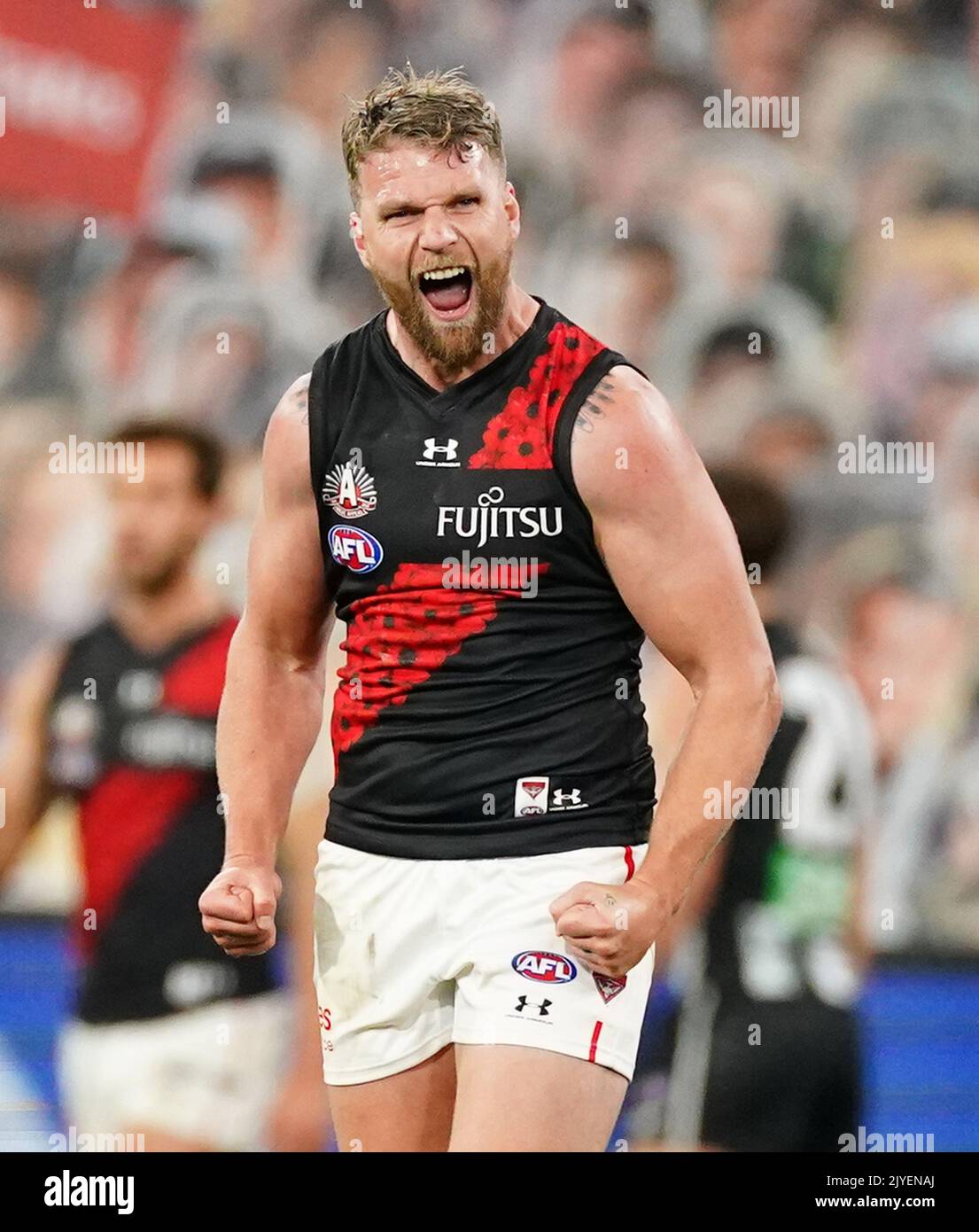 Jake Stringer of the Bombers celebrates after kicking a goal during the ...