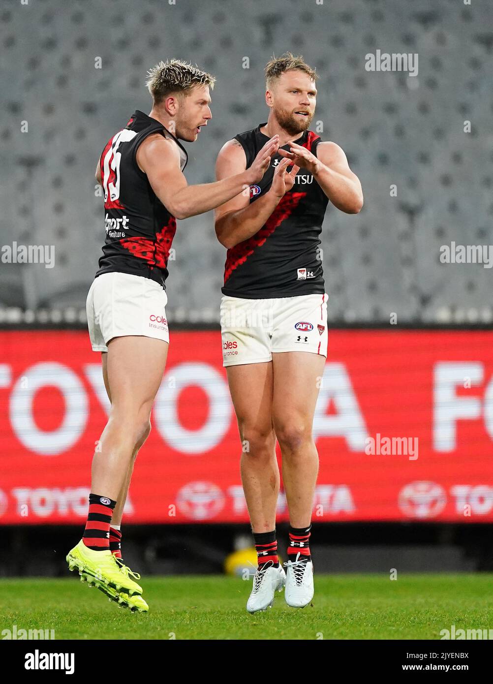 Jake Stringer of the Bombers celebrates after kicking a goal during the ...