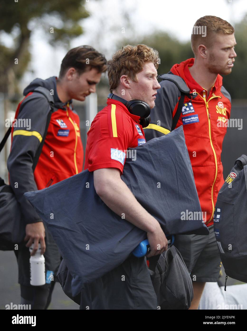 Matthew Rowell of the Suns looks on after arriving off the bus before ...