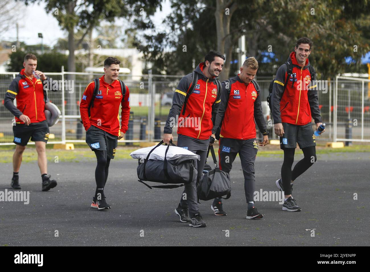 Gold Coast Suns players arrive before the Round 5 AFL match between the ...