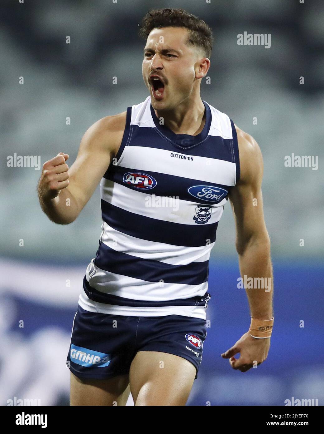 Luke Dahlhaus of the Cats celebrates a goal during the Round 5 AFL ...