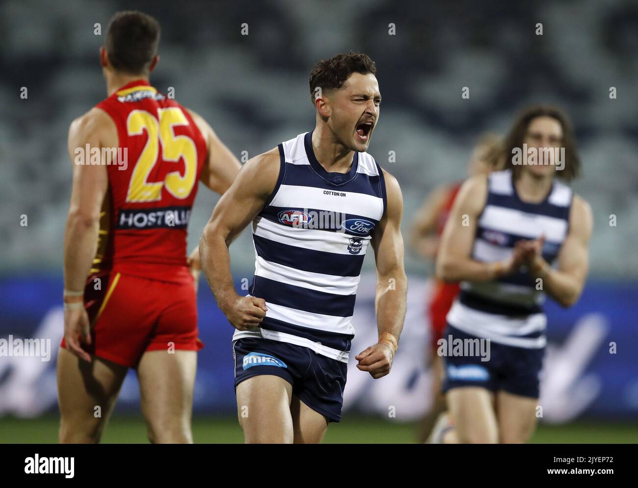 Luke Dahlhaus of the Cats celebrates a goal during the Round 5 AFL ...