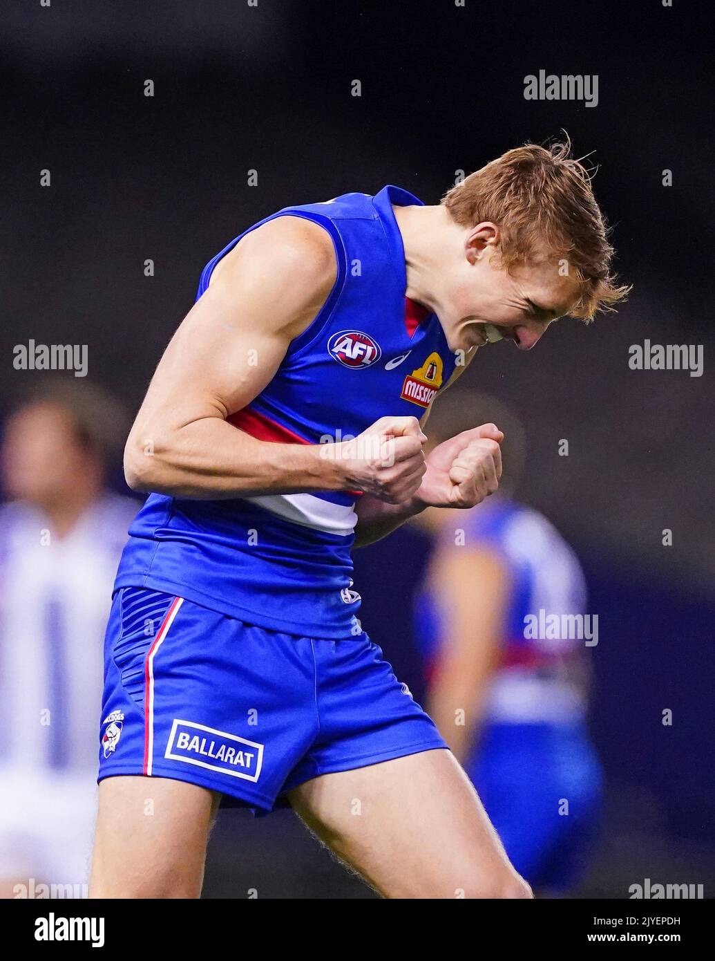 Bailey Dale of the Bulldogs celebrates after kicking a goal during the ...