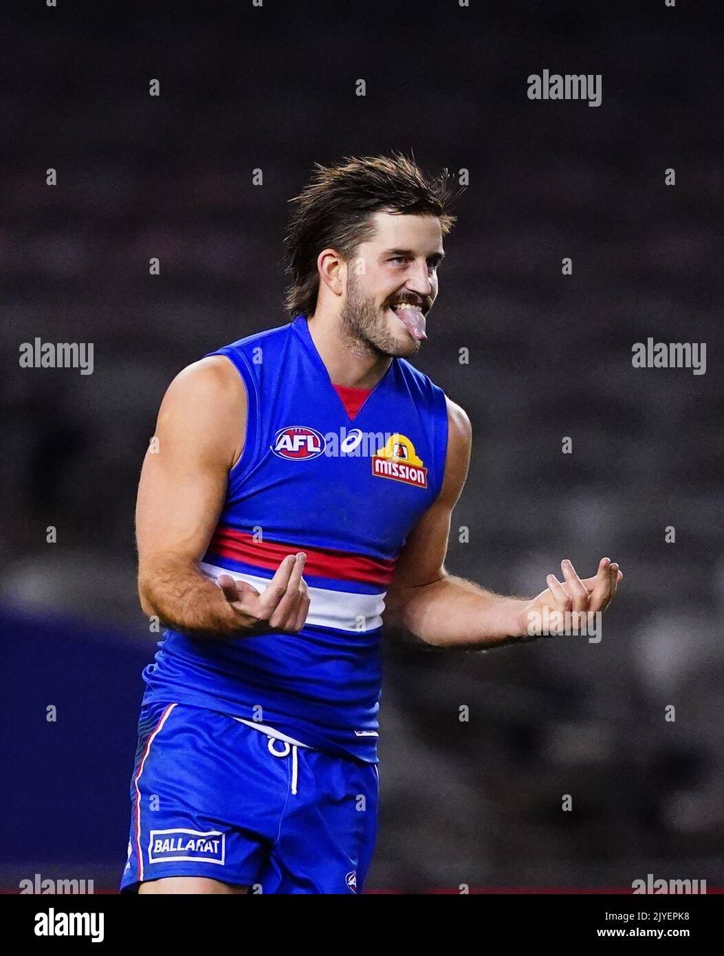 Josh Bruce of the Bulldogs celebrates after kicking a goal during the ...