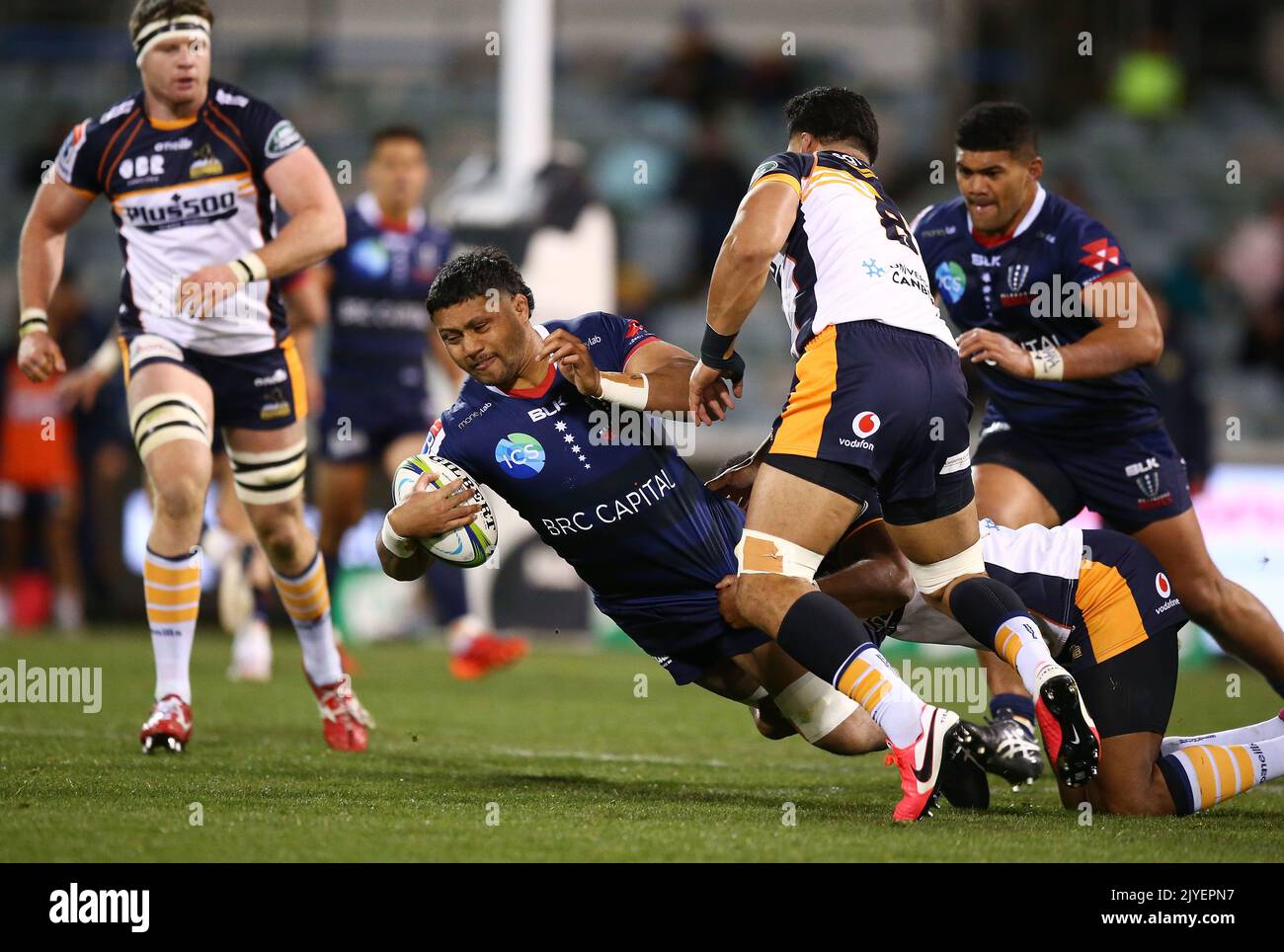 Rob Leota of the Rebels is tackled during the Round 1 Super Rugby match ...