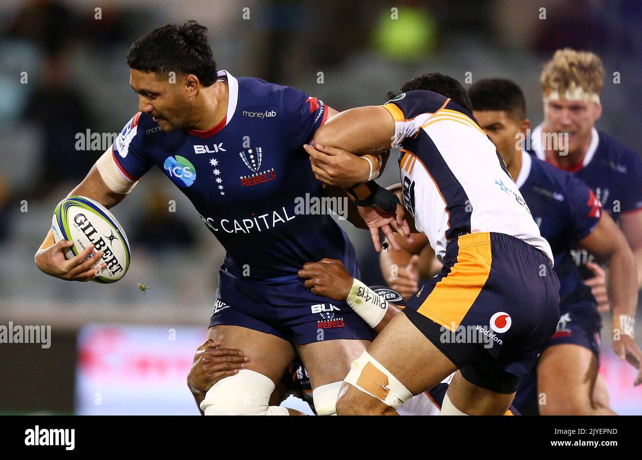 Rob Leota of the Rebels is tackled during the Round 1 Super Rugby match ...