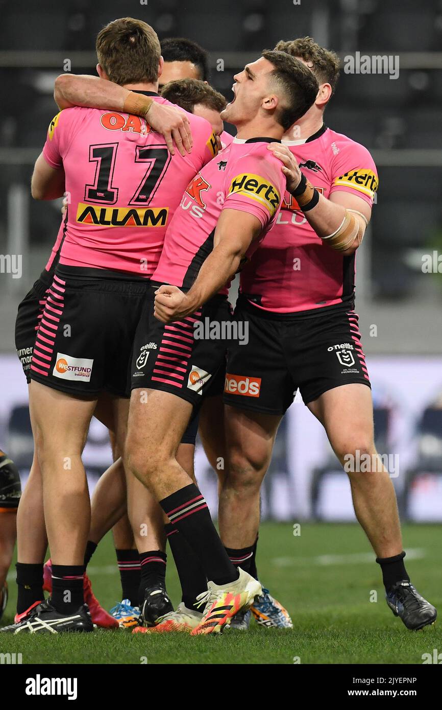 The Panthers Nathan Cleary celebrates Dylan Edwards' try during the ...