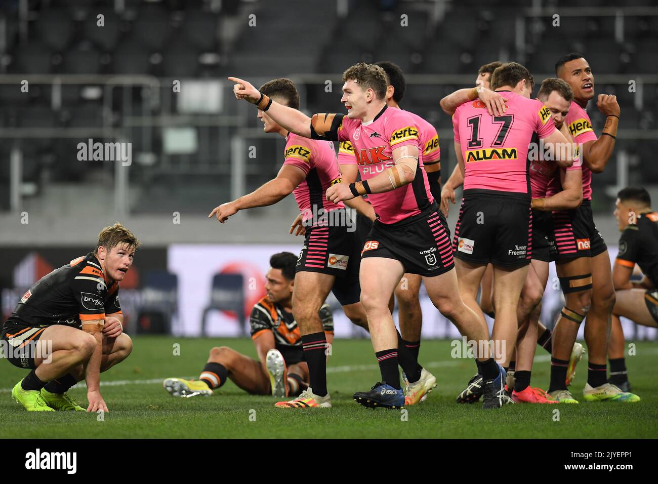 The Panthers celebrate Dylan Edwards' try during the Round 8 NRL match ...