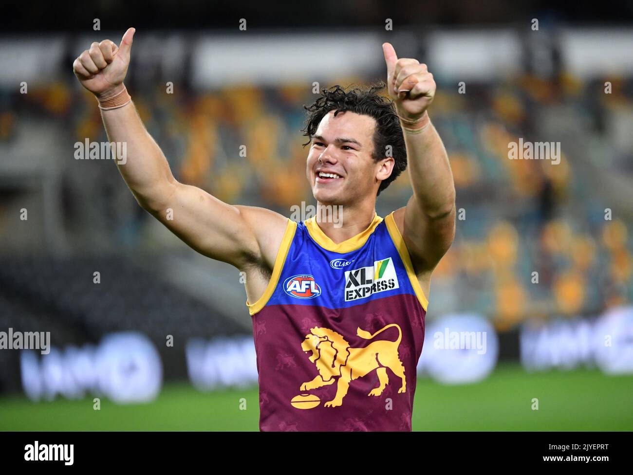 Cam Rayner of the Lions celebrates winning the Round 5 AFL match ...