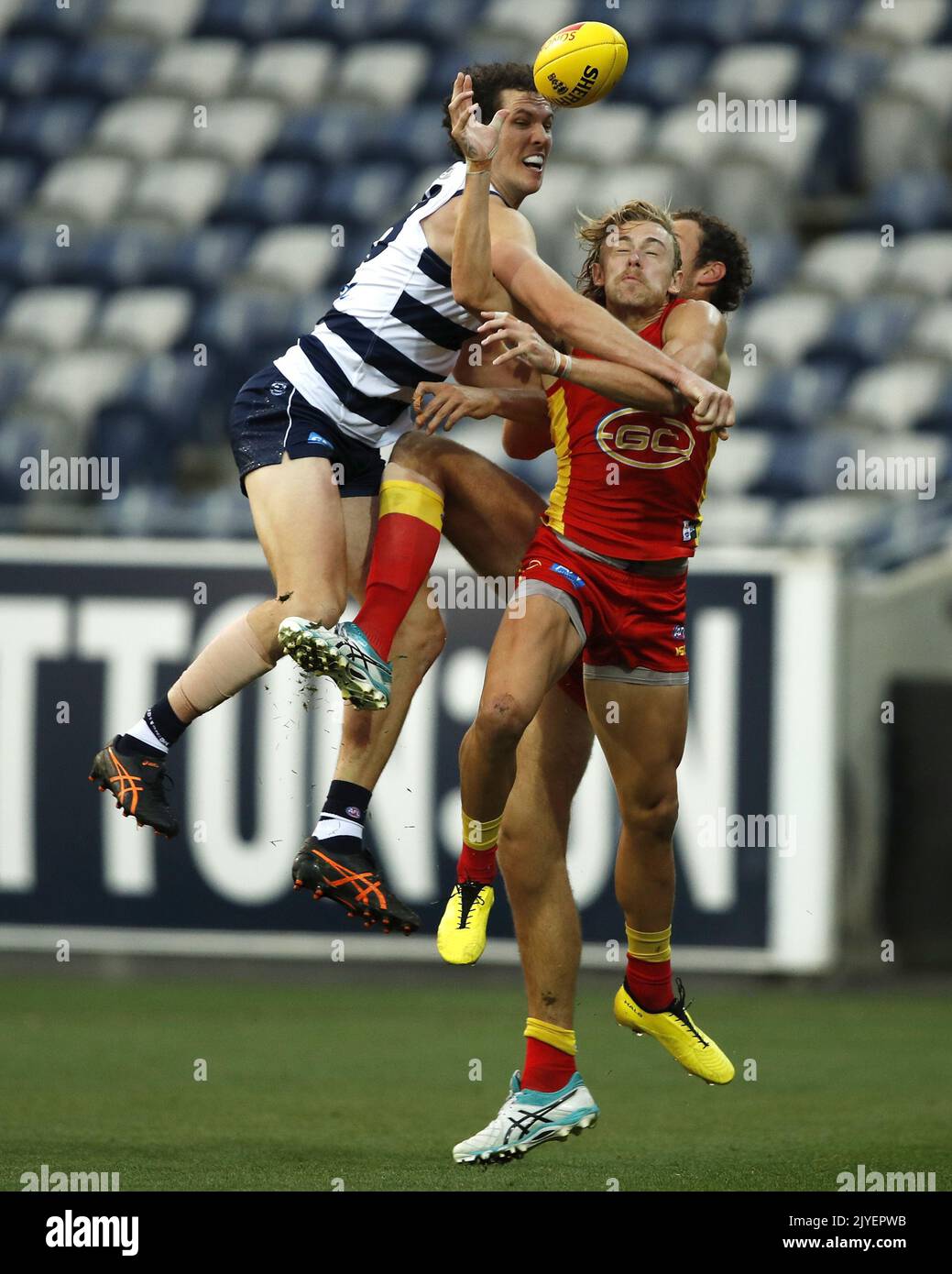 Darcy Fort of the Cats and Hugh Greenwood of the Suns compete for the ...