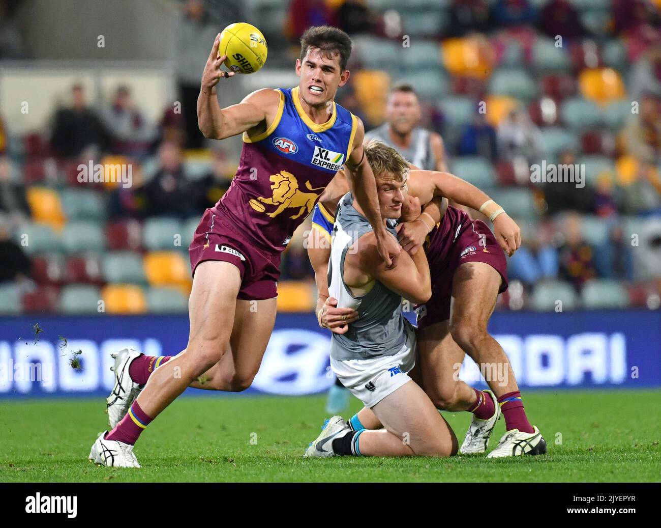 Brandon Starcevich (left) of the Lions in action during the Round 5 AFL ...