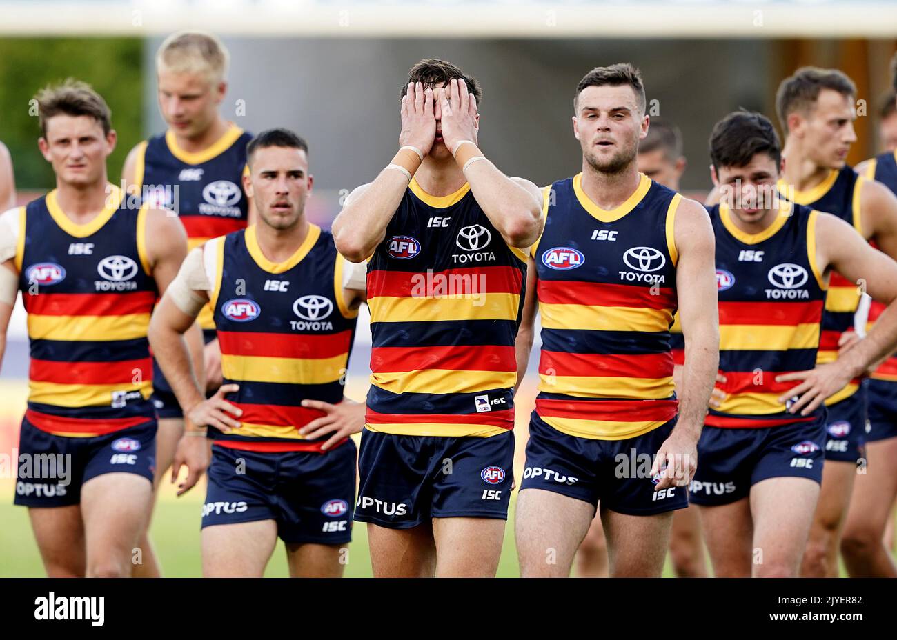 Crows players leave the field following the Round 5 AFL match between ...