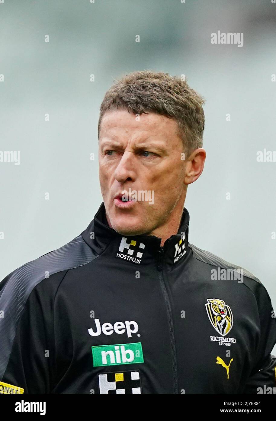 Damien Hardwick, coach of the Tigers looks on during the Round 5 AFL ...