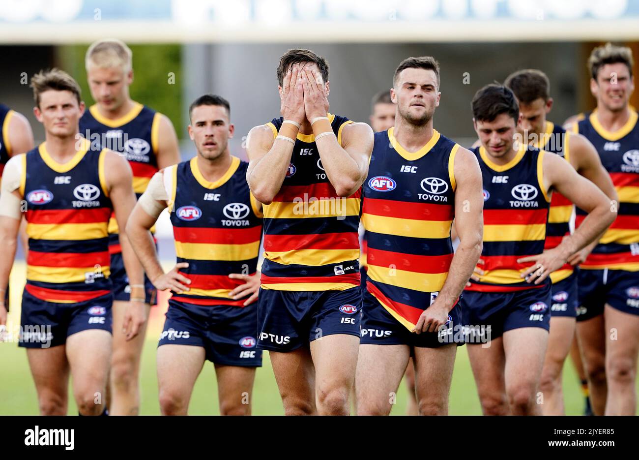 Crows players leave the field following the Round 5 AFL match between ...