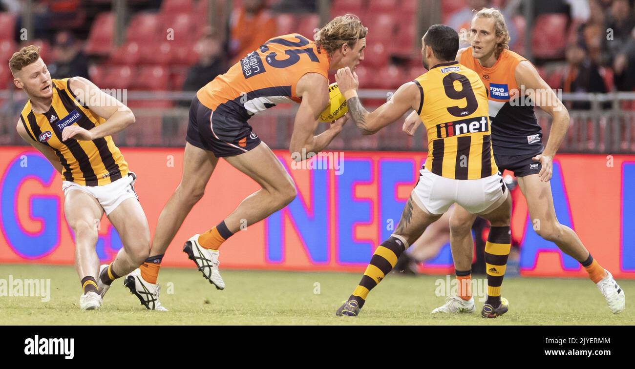 Lachlan Keeffe of the Giants with the ball during the Round 5 AFL match ...