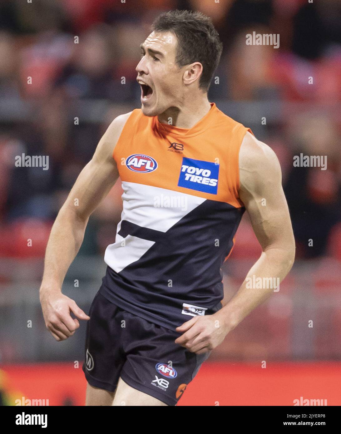 Jeremy Cameron of the Giants celebrates after kicking a goal during the ...