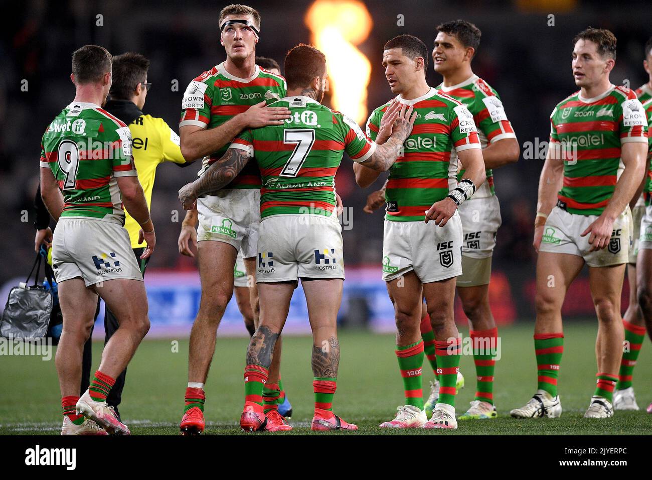 Rabbitohs players celebrate their win in the Round 8 NRL match between ...