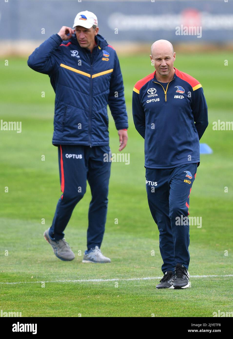 Crows coach Matthew Nicks and rucks coach Matthew Clarke during an AFL ...