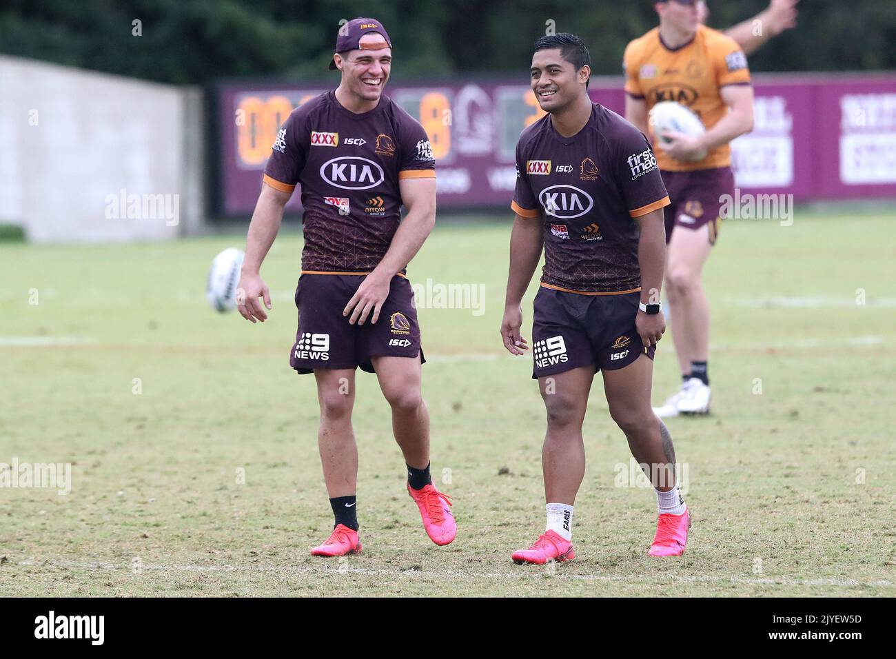 Brodie Croft and Anthony Milford is seen during a Brisbane Broncos NRL ...