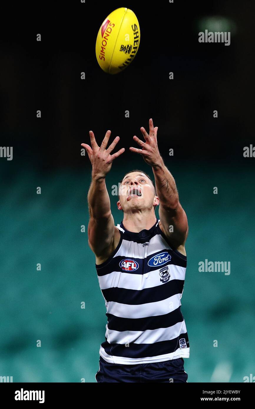 Mitch Duncan of the Cats grabs a mark during the Round 6 AFL match ...
