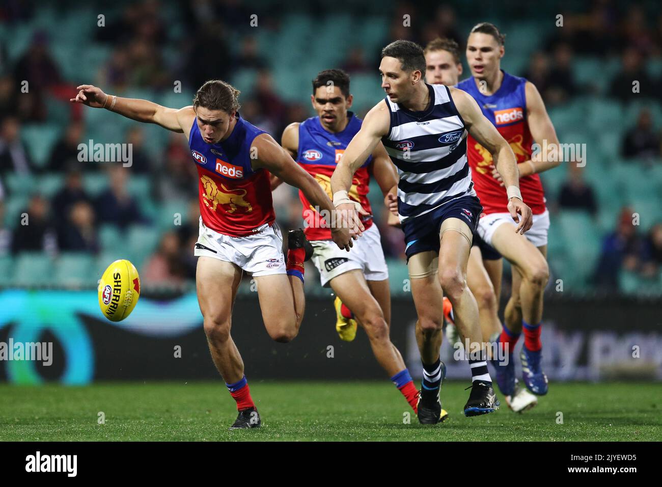 Brock Smith of the Lions contests the ball during the Round 6 AFL match ...
