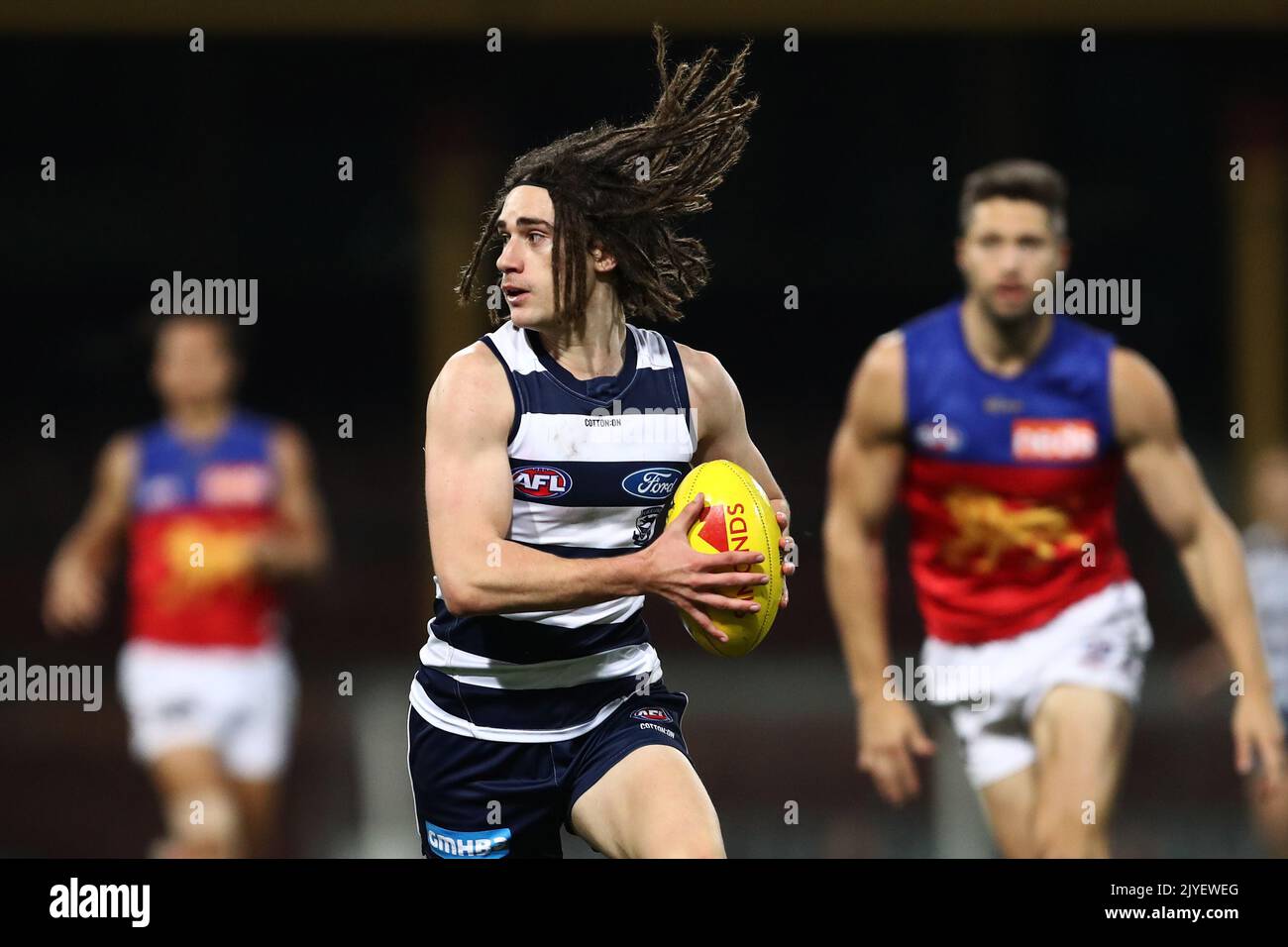 Gryan Miers of the Cats controls the ball during the Round 6 AFL match ...