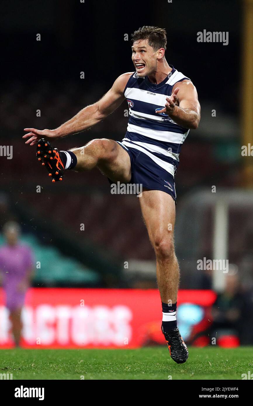 Tom Hawkins of the Cats kicks a goal during the Round 6 AFL match ...