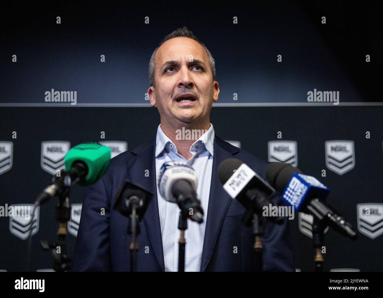 NRL Acting CEO Andrew Abdo speaks to the media during a press ...